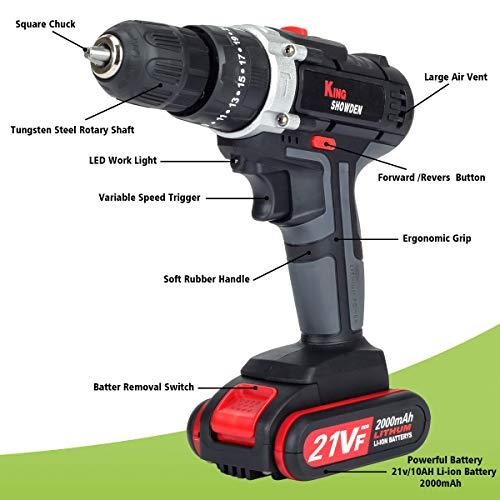 Cordless Drill Driver Kit with 2 battery, King Showden 21V Power Drill ...