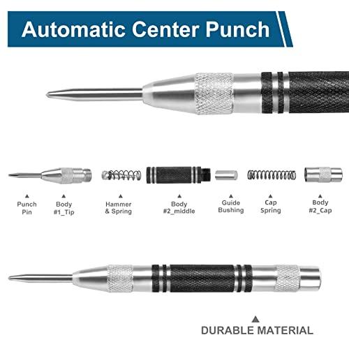 2Pcs Heavy Duty Automatic Center Punch, 5 Premium Steel Spring Loaded Center Hole Punch ...