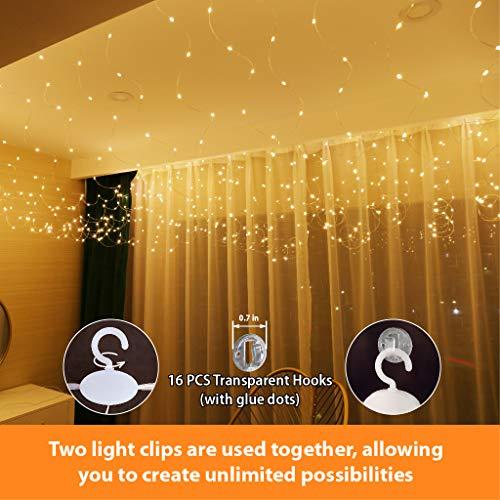 HXWEIYE 300LED Fairy Curtain Lights, 9.8x9.8Ft Warm White USB Plug in 8 ...