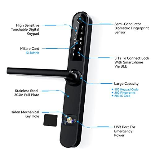 Slim Smart Door Lock with Handle: Smart Locks for Front Door - Stainless Steel Waterproof ...