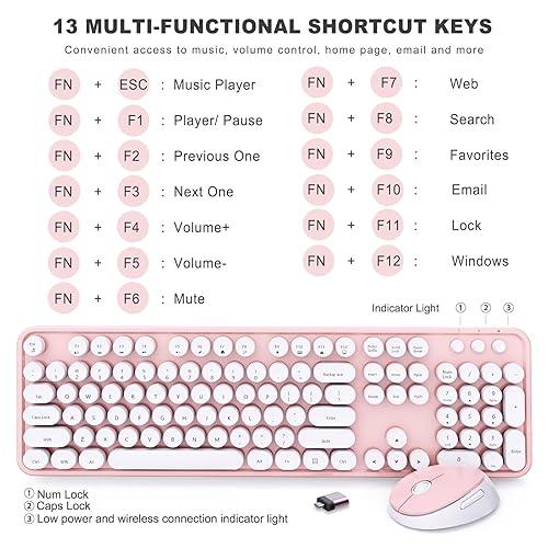 Wireless Keyboard And Mouse Combo Ergonomic Full Size Typewriter Retro Round Keycaps Keyboard