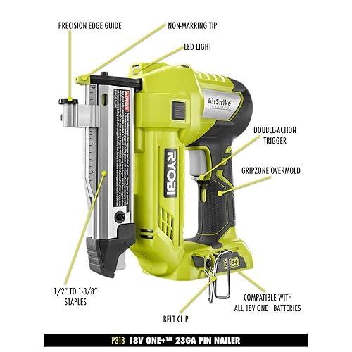 Ryobi 18-Volt ONE+ Lithium-Ion Cordless AirStrike 23-Gauge 1-3/8 inch Headless Pin Nailer (Tool ...