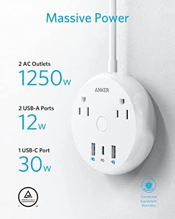 Anker regleta USB C con Power Delivery, regleta redonda, 2 tomas de ...