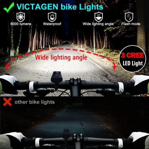 Victagen Bike Lights 8000 Lumen Bike Lights for Night Riding, 3 Cree LED Bike Headlight, Super ...