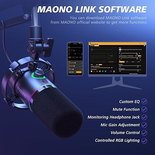 MAONO XLR/USB Dynamic Microphone Kit, RGB Podcast Mic with Software ...