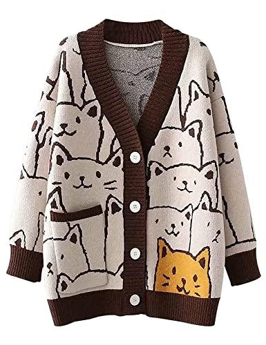 Gihuo Women Cat Cardigan Sweater Knit Cute Cartoon Oversized V Neck ...