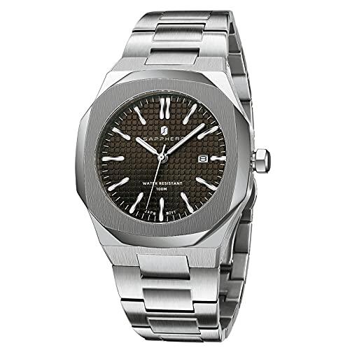 SAPPHERO Mens Watch Octagonal Stainless Steel 100M Waterproof Luminous ...