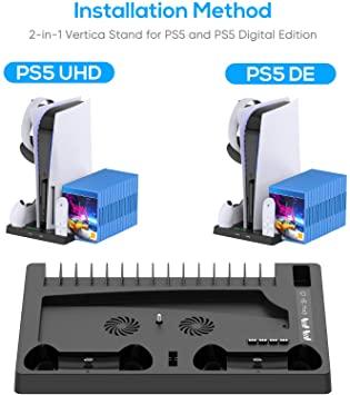 Soporte vertical con ventilador de refrigeración para consola PS5, YUANHOT PS5 estación de carga ...