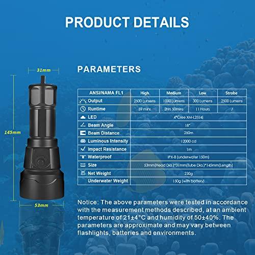 Odepro ND51 2500 lúmenes Luz de buceo súper brillante con 4 modos, antorcha de buceo con botón ...