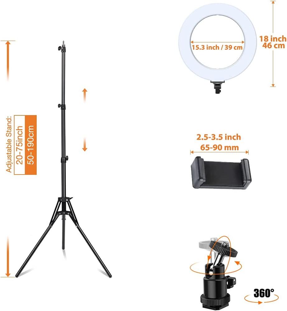 Inkeltech Ring Light - Kit De Luz LED Regulable De 18 Pulgadas 60 W Con ...