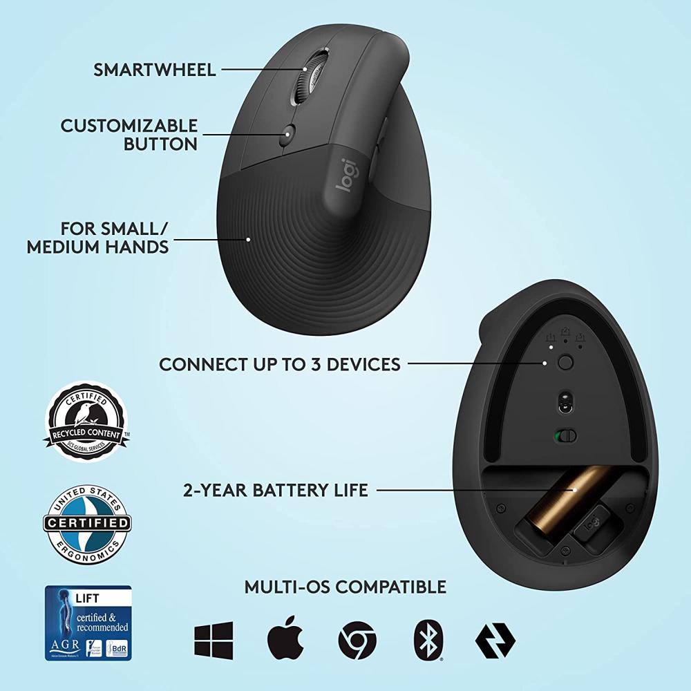 Mouse Logitech Usb Vertical Ergonomic Black 910-006467 : Precio Costa Rica