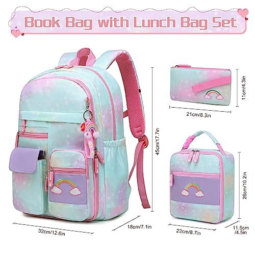 InduSKY Girls Backpack, Cute Rainbow School Backpack for Girls with Insulated Lunch Box Pencil ...