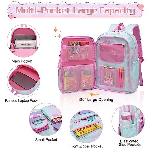 InduSKY Girls Backpack, Cute Rainbow School Backpack for Girls with Insulated Lunch Box Pencil ...