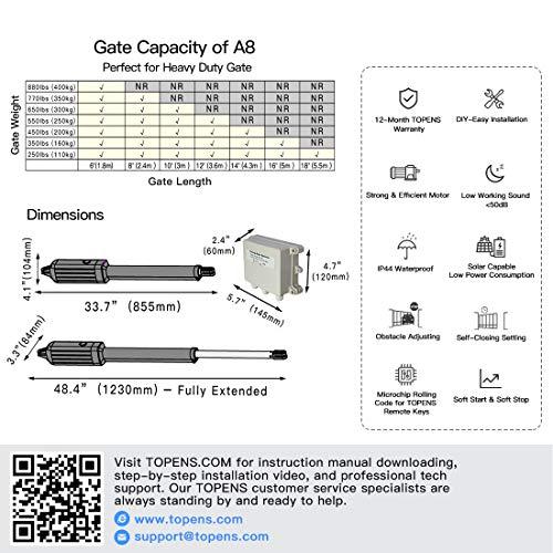 TOPENS A8 Automatic Gate Opener for Heavy Duty Single Swing Gates Up to ...