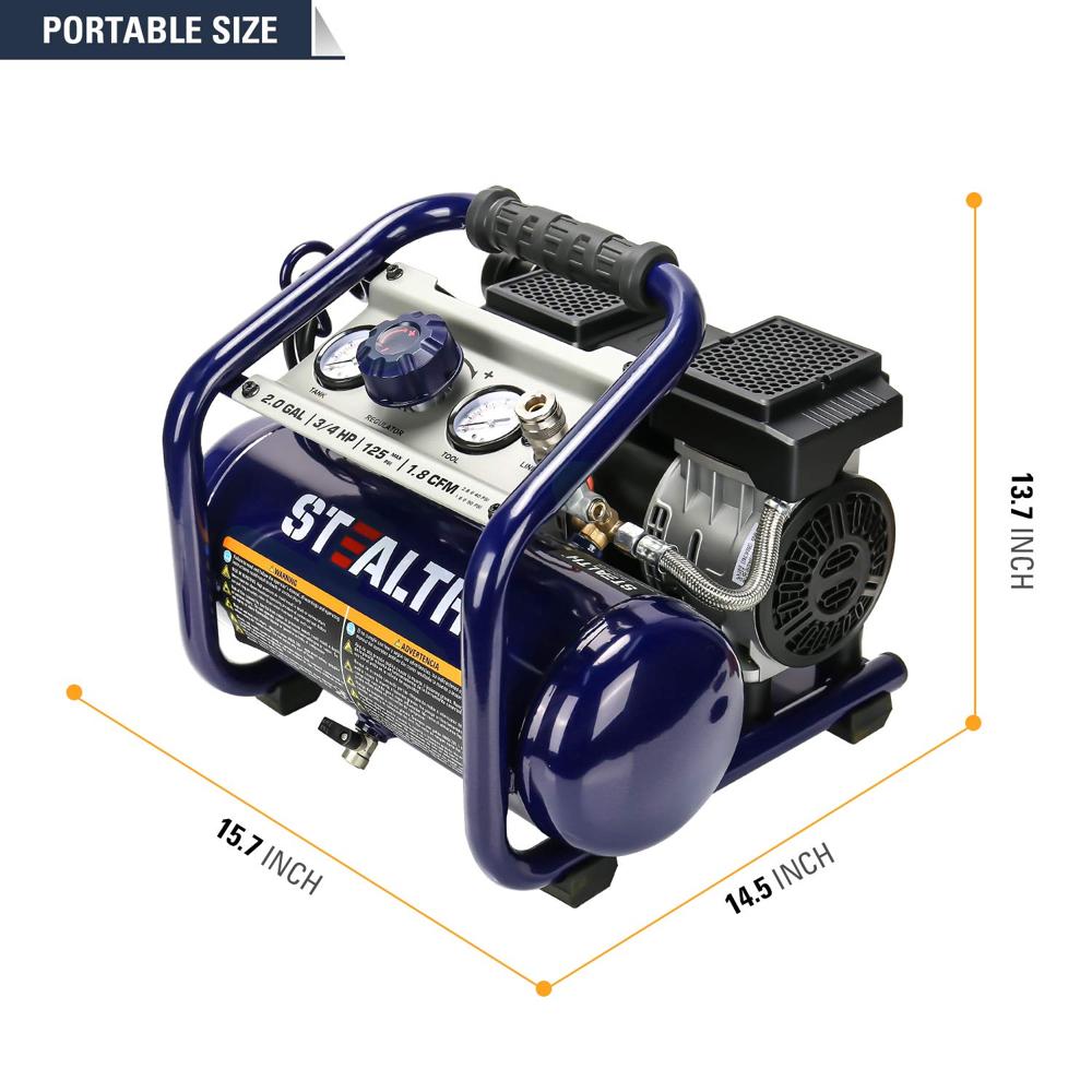 Stealth 2 Gallon Ultra Quiet Air Compressor, 3/4 HP Oil-Free Peak 125 ...