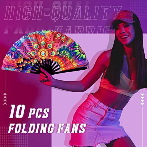 Pinkunn 10 Pcs Large Rave Hand Fan Folding Fan with Bamboo Ribs and ...